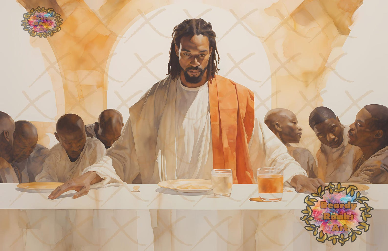 4 Black Jesus Last Supper Water Painted Landscape Prints, Brown Jesus ...