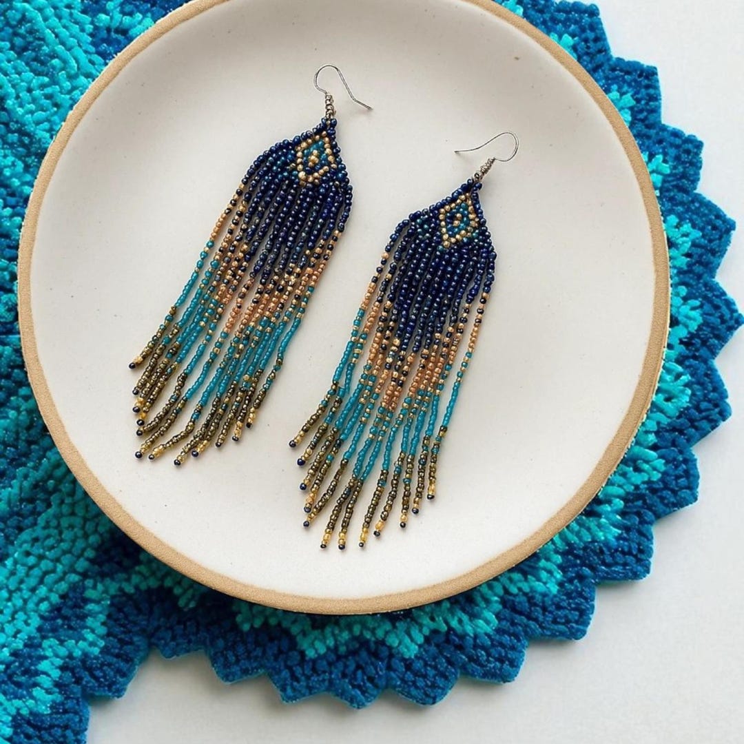 Handcrafted Deep Blue Geometric Patterned Tassel Beaded Earrings ...