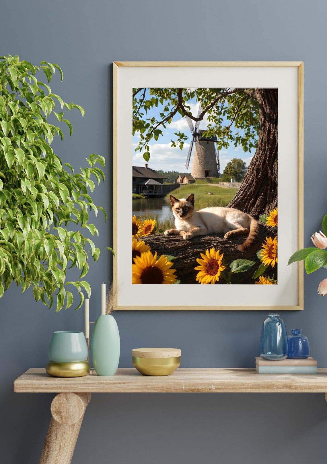 Siamese Cat & Sunflowers Art Print: Serene Dutch Landscape (digital ...