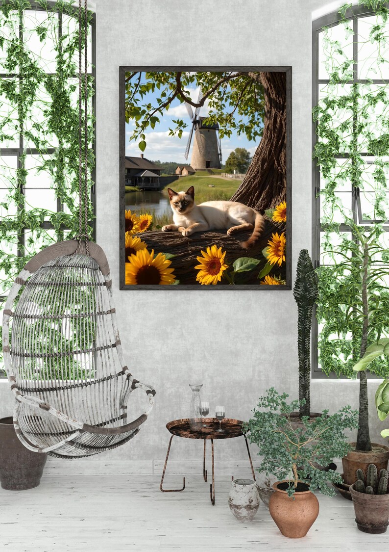 Siamese Cat & Sunflowers Art Print: Serene Dutch Landscape (digital ...