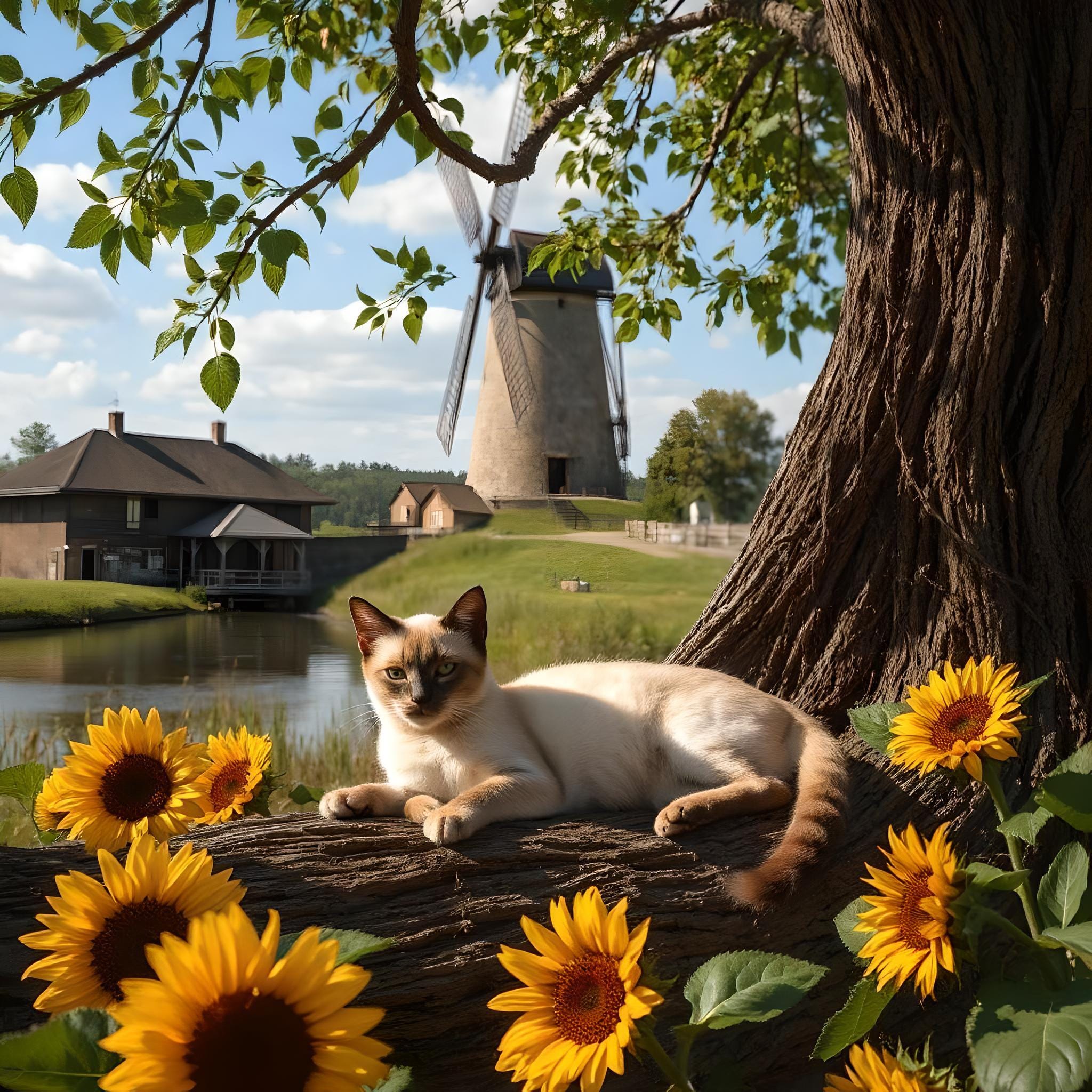 Siamese Cat & Sunflowers Art Print: Serene Dutch Landscape (digital ...