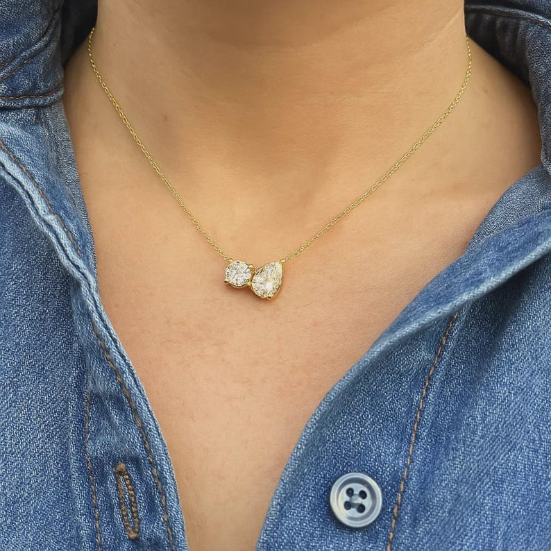 Two Stone Diamond Necklace, 14K Gold Toi Et Moi Pendant, Round and Pear ...