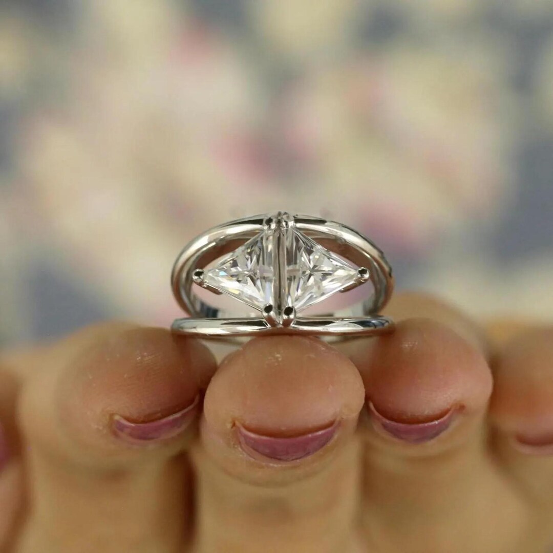 Double Trillion Diamond Engagement Ring, 14K White Gold Double Band ...