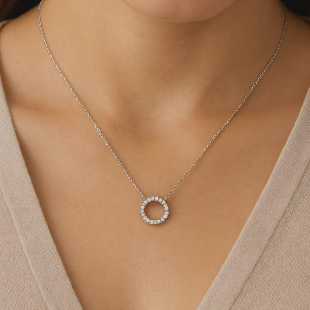 Diamond Circle Necklace, 14K Gold Eternity Circle Pendant, Round Cut ...