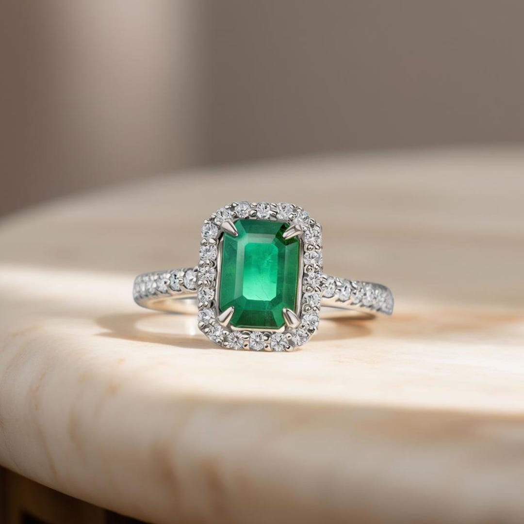 14k Gold Emerald Halo Ring | Emerald Cut Gemstone Engagement Ring ...