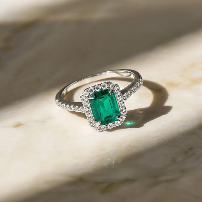 14k Gold Emerald Halo Ring | Emerald Cut Gemstone Engagement Ring ...