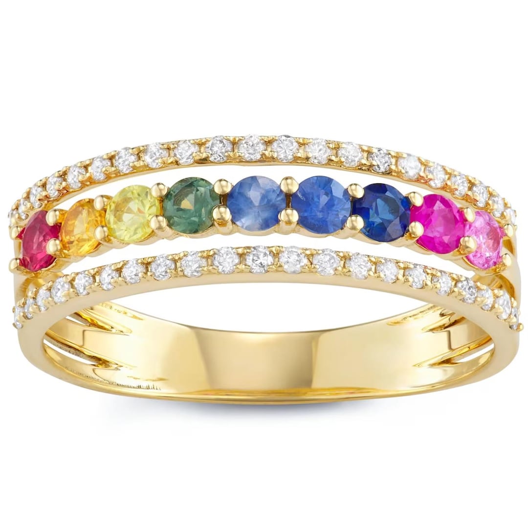 14K Gold Rainbow Gemstone Ring | Multicolor Sapphire Band With Diamond ...