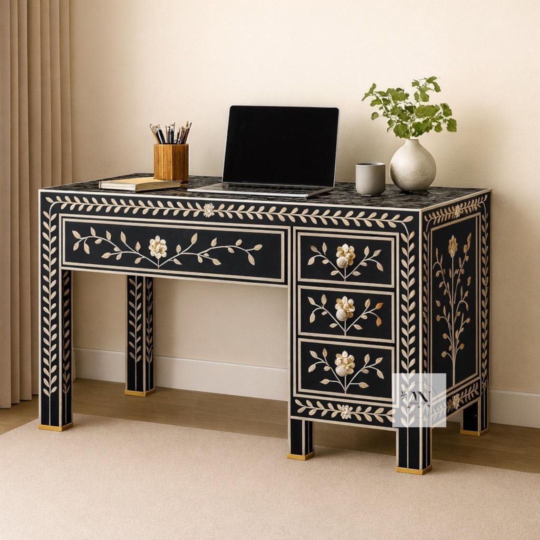 Handmade Bone Inlay Black Study Table, Writing Desk, Laptop Table ...