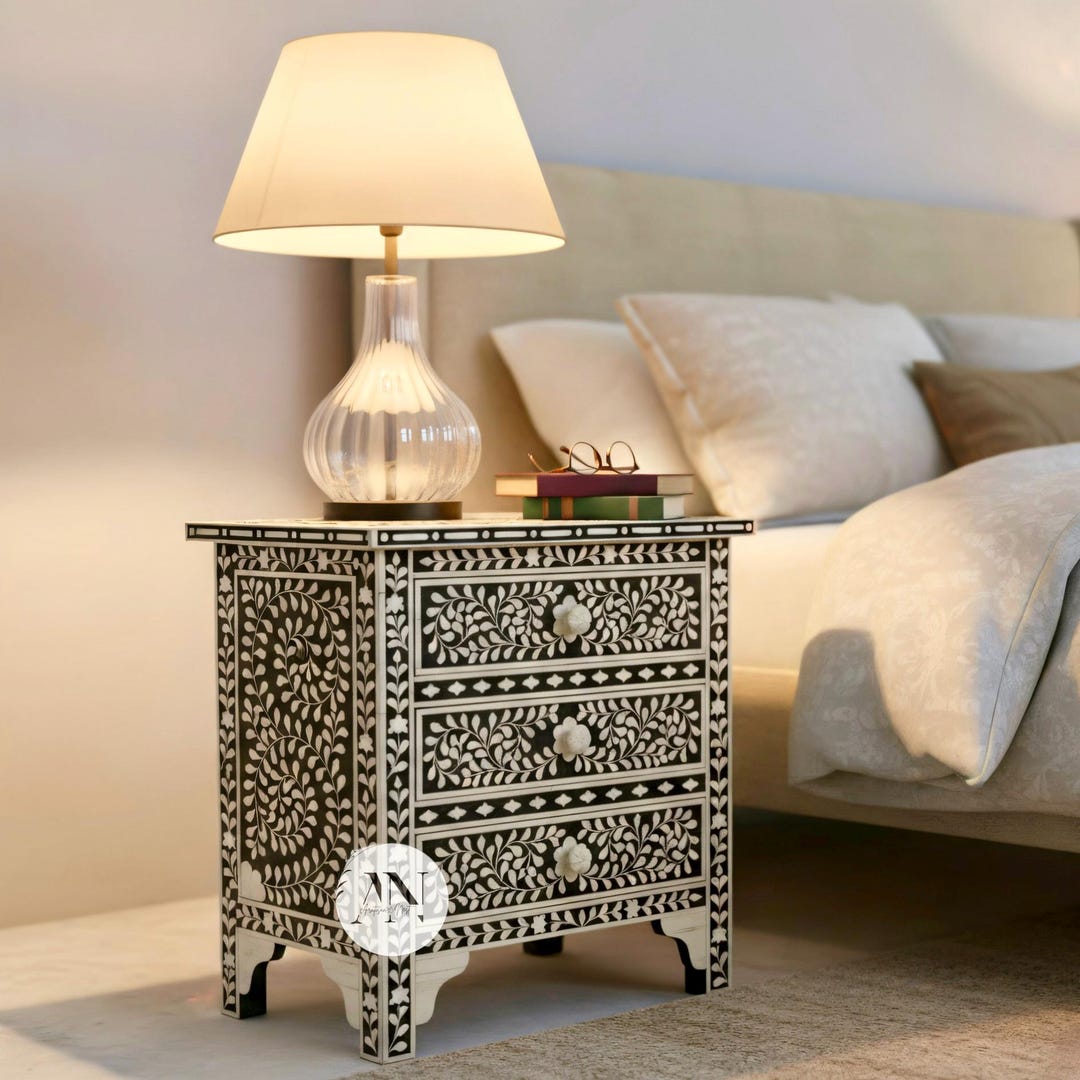 Floral Bone Inlay Bedside Table, Handmade Nightstand - Etsy