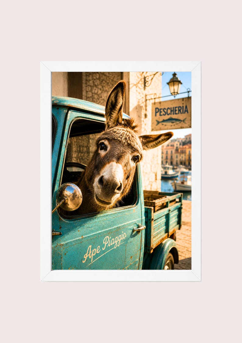 Poster Funny Donkey Italy Harbor Mediterranean Animal Wall Art Ape ...