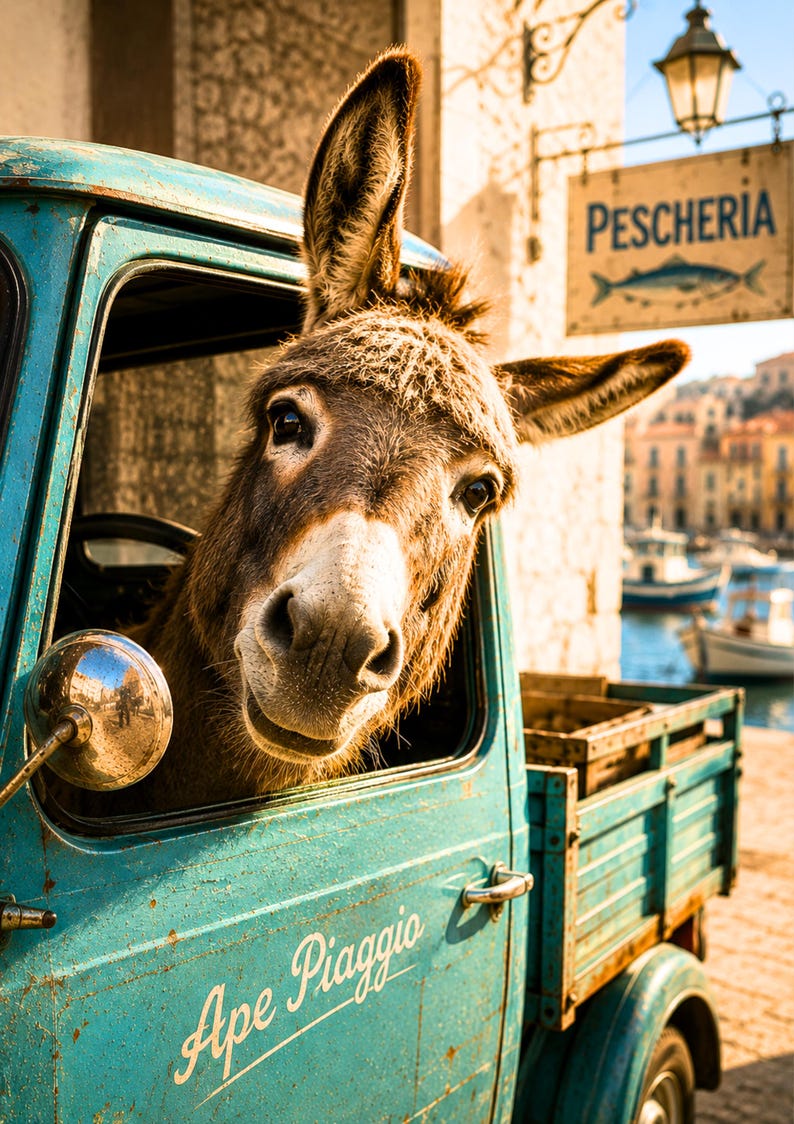 Poster Funny Donkey Italy Harbor Mediterranean Animal Wall Art Ape ...