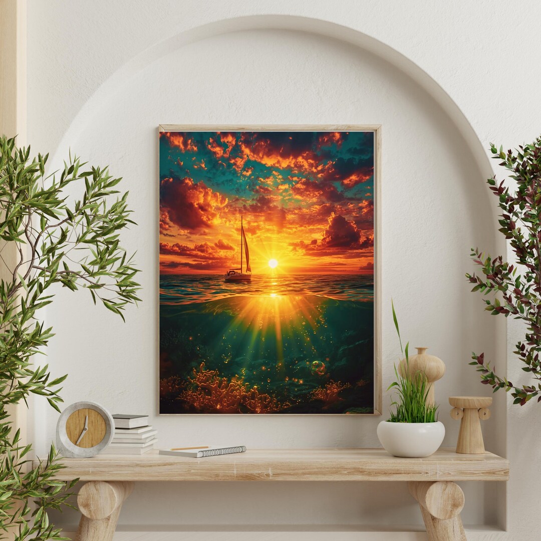 Sunset Sea Poster, Sailboat Wall Art, Maritime Coastal Motif – Seascape ...