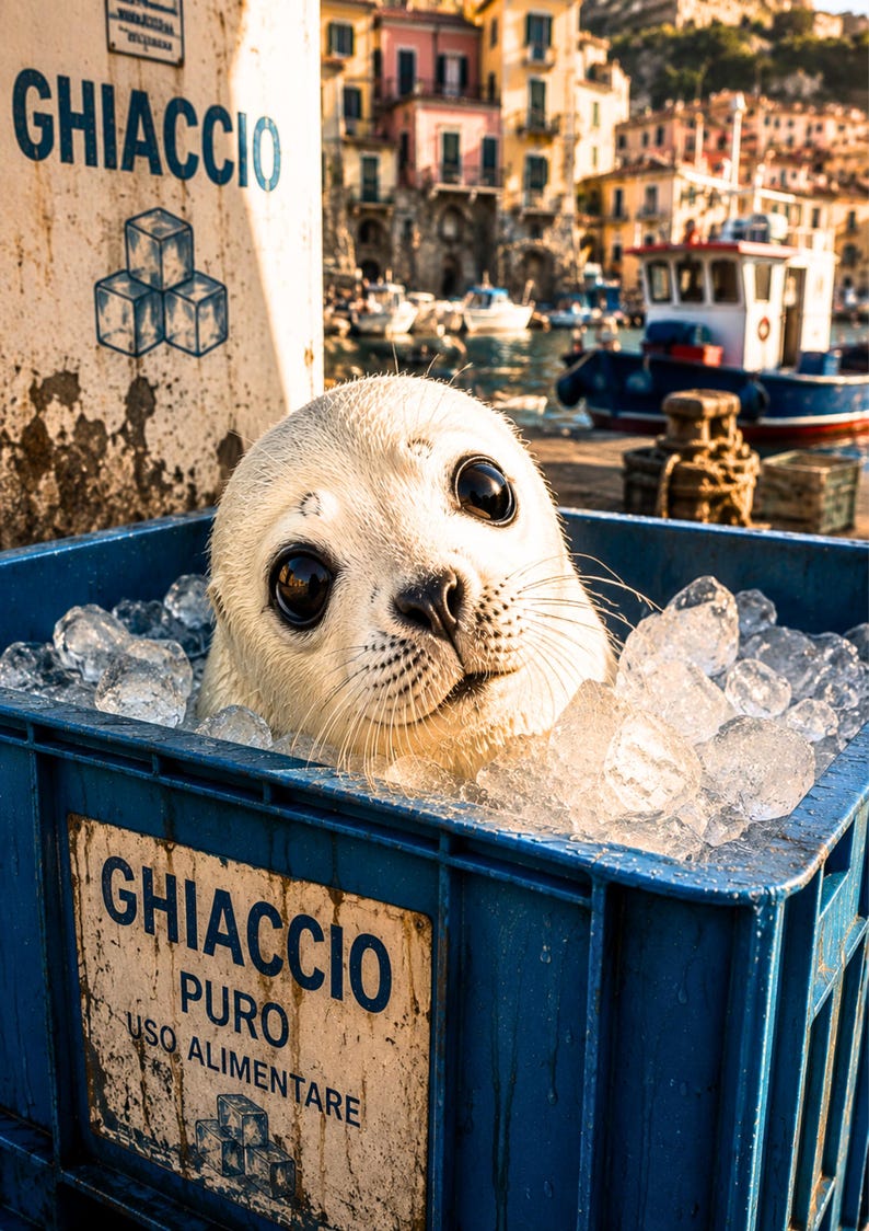 Poster Seal in Ice Harbor Italy, Funny Seal Mediterranean, Emotional ...