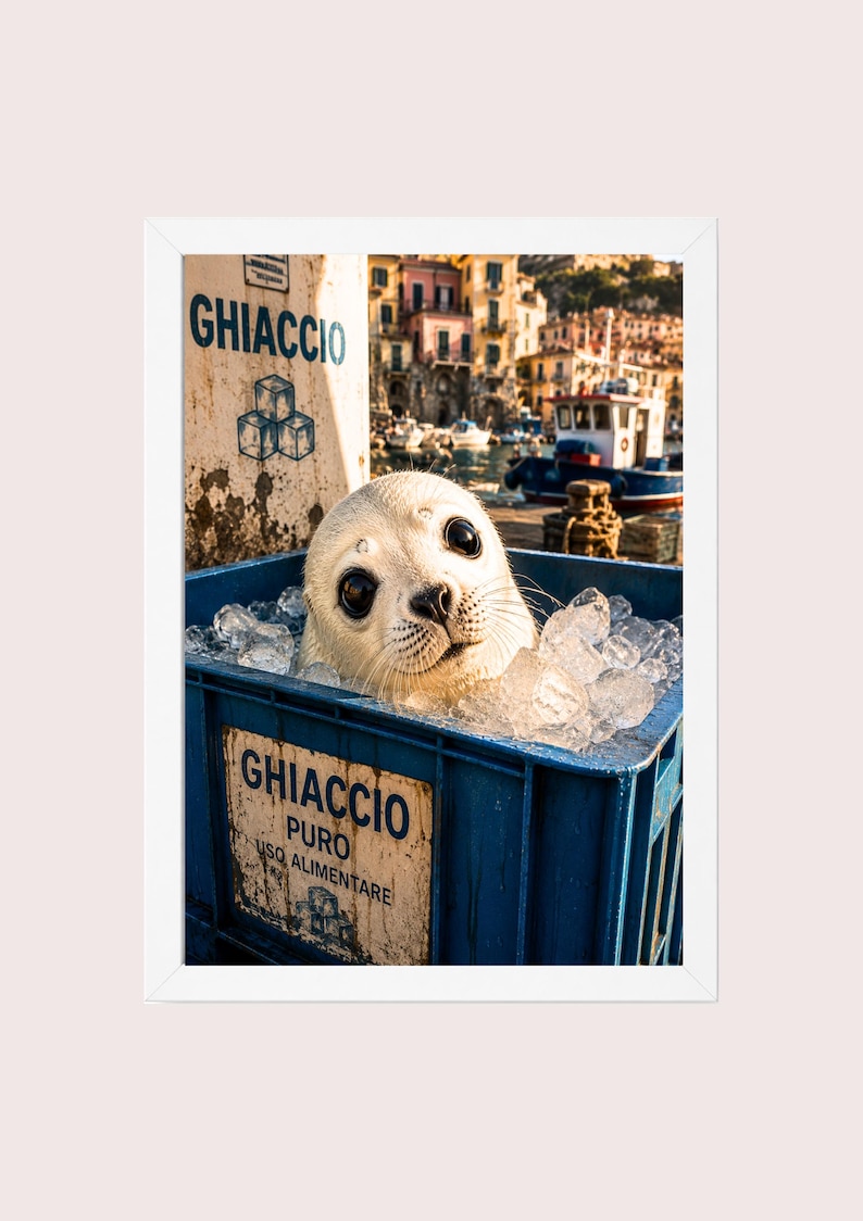 Poster Seal in Ice Harbor Italy, Funny Seal Mediterranean, Emotional ...