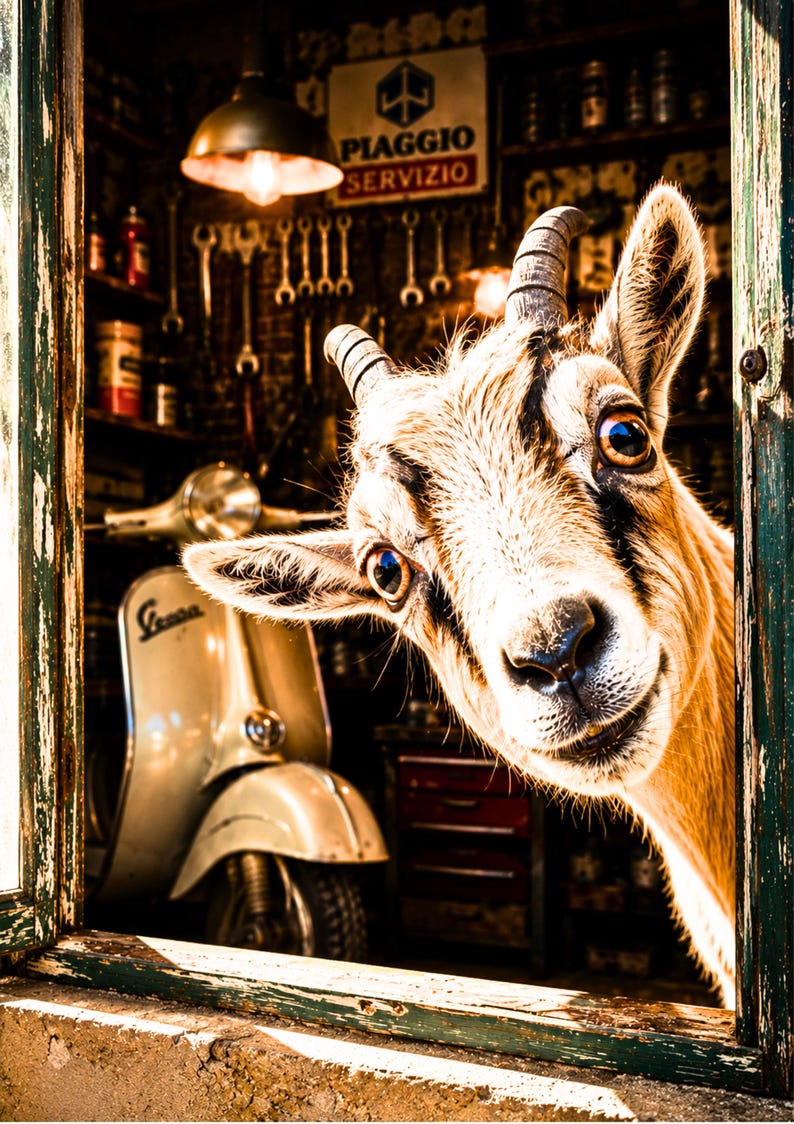 Poster of a Goat in a Vespa Workshop in Italy, Funny Mediterranean Goat ...