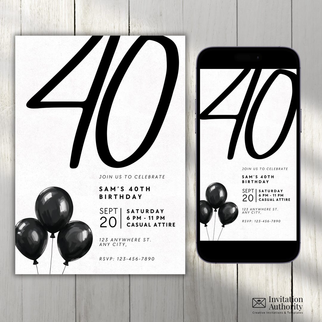 Editable 40th Birthday Invitation Template, Digital 40th Birthday ...