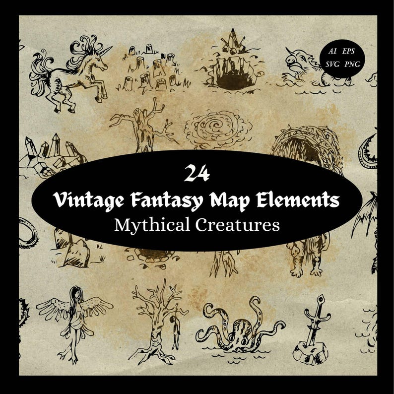 Vintage Fantasy Map Assets – Hand-drawn Mythical Creatures (digital ...
