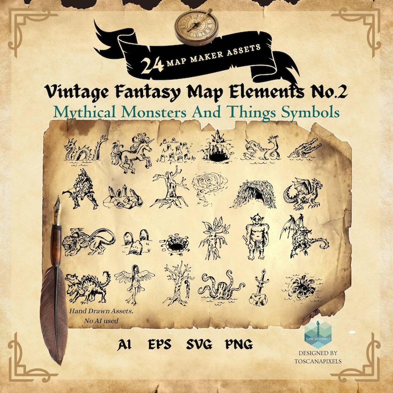 Vintage Fantasy Map Assets – Hand-drawn Mythical Creatures (digital ...