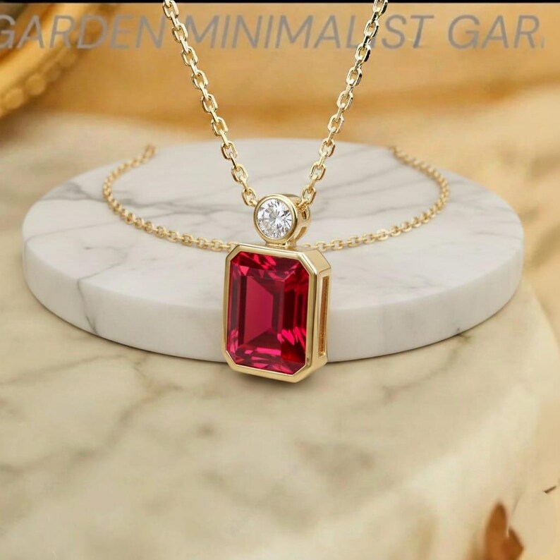 Emerald Cut Ruby Pendant in 14k Gold, Red Gemstone Bezel Pendant, Art ...