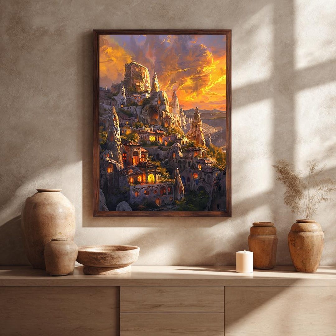 Fantasy Cliffside Village Canvas Wall Art Print | Mystical Sunset ...