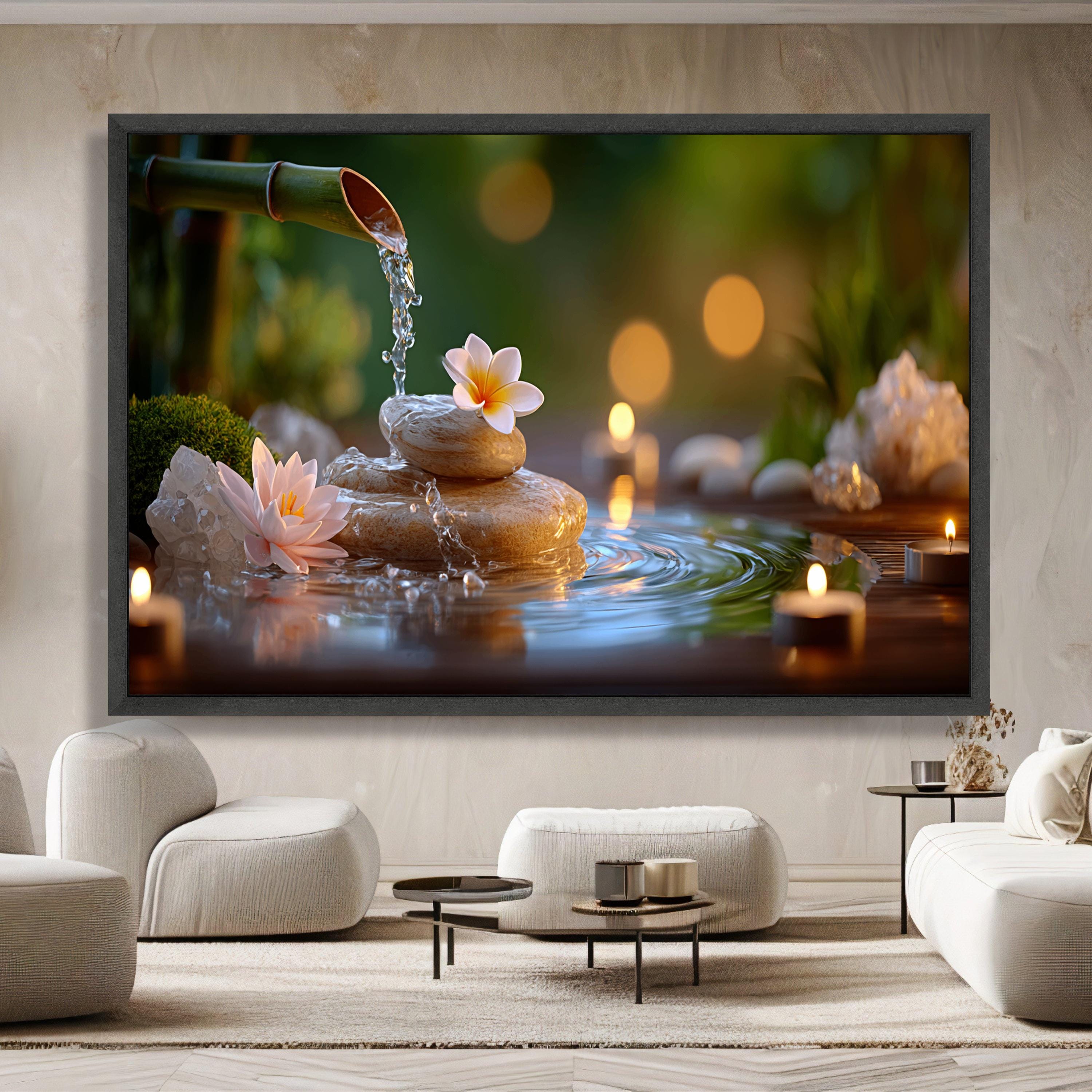 Zen Spa Stones With Waterfall, Floral Bamboo Fountain Canvas, Tranquil ...