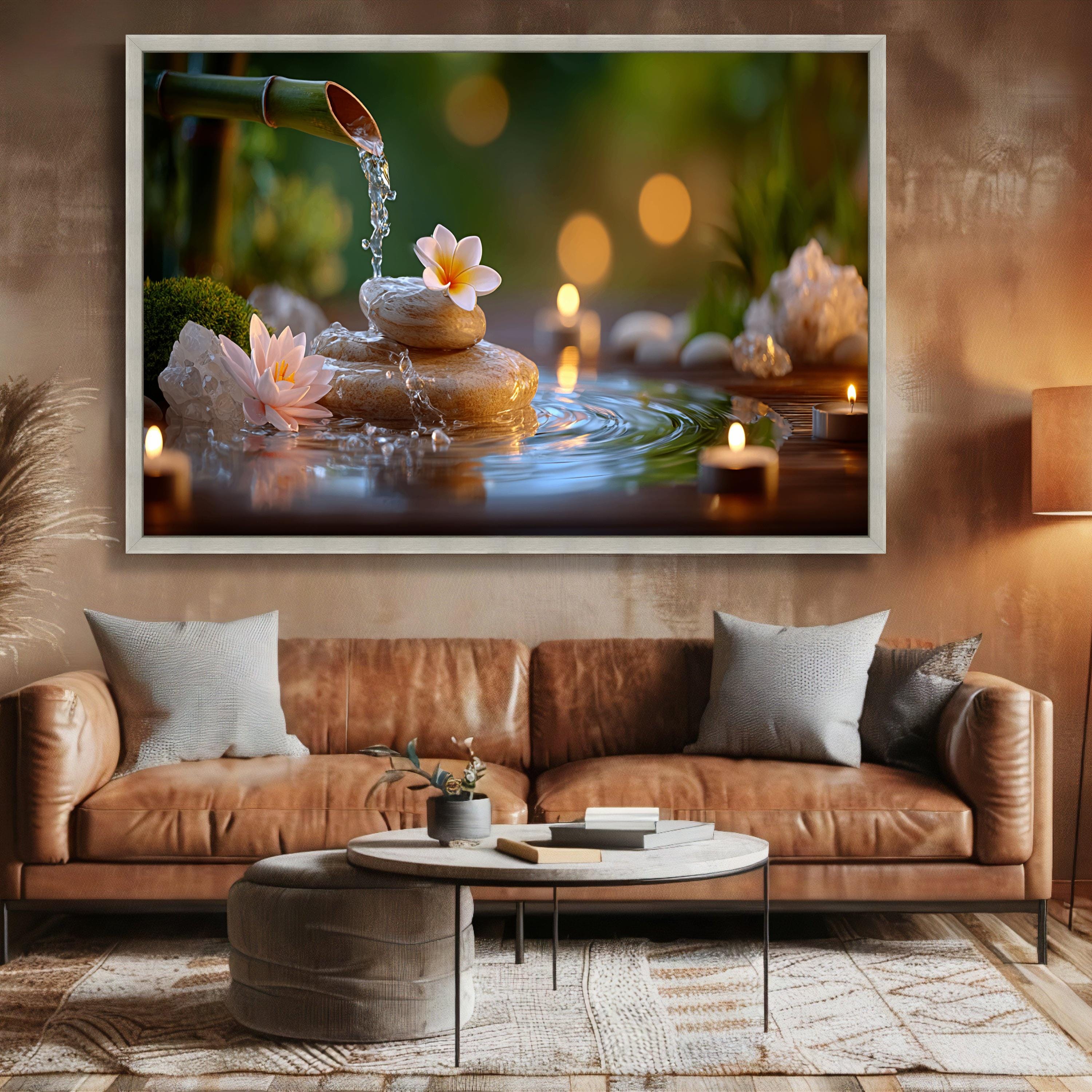 Zen Spa Stones With Waterfall, Floral Bamboo Fountain Canvas, Tranquil ...