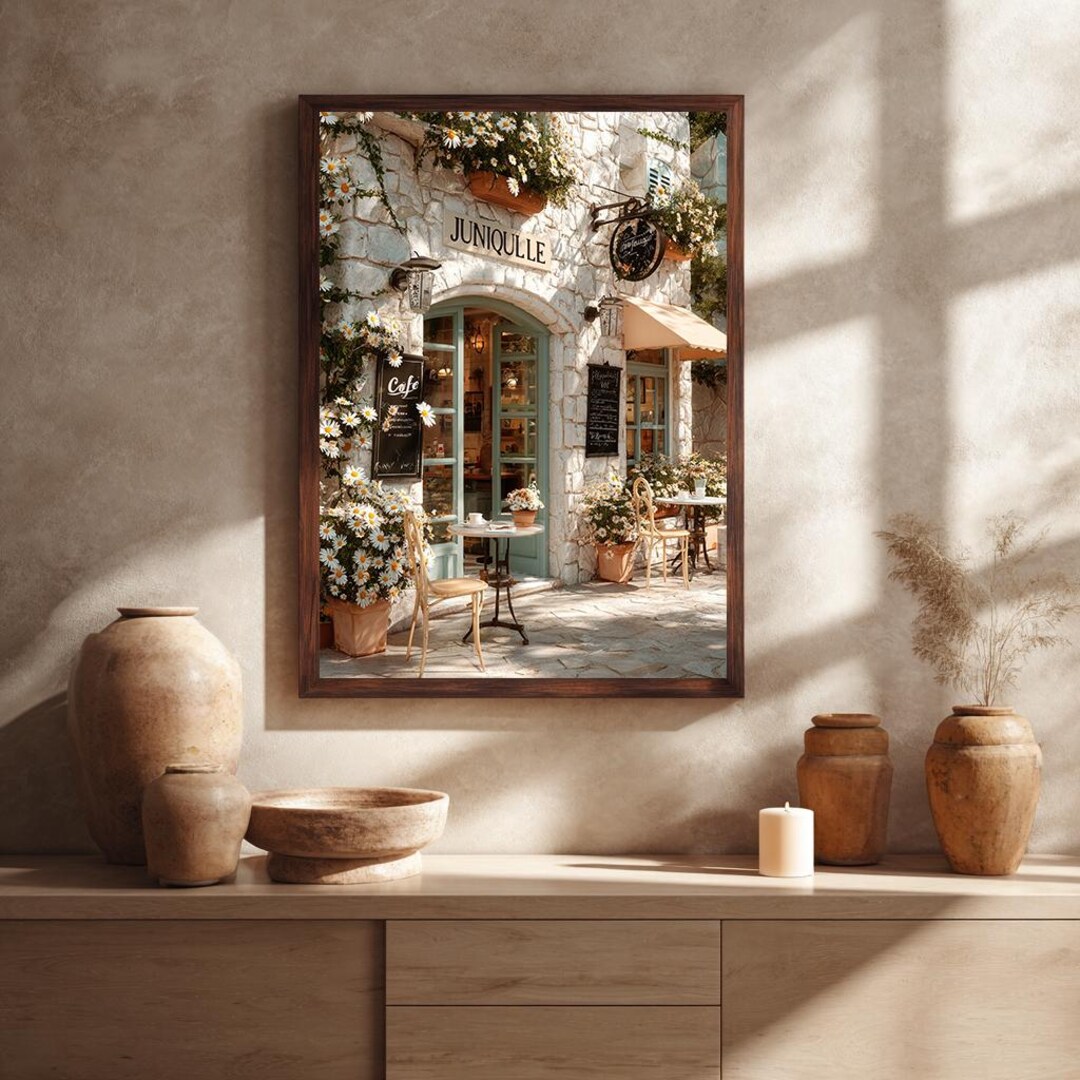 Rustic French Café Canvas Wall Art - Mediterranean Stone Front With ...