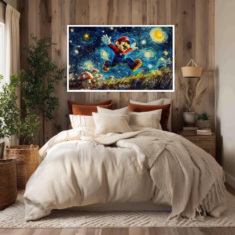 Whimsical Mario Starry Night Wall Art Colorful Video Game Character ...
