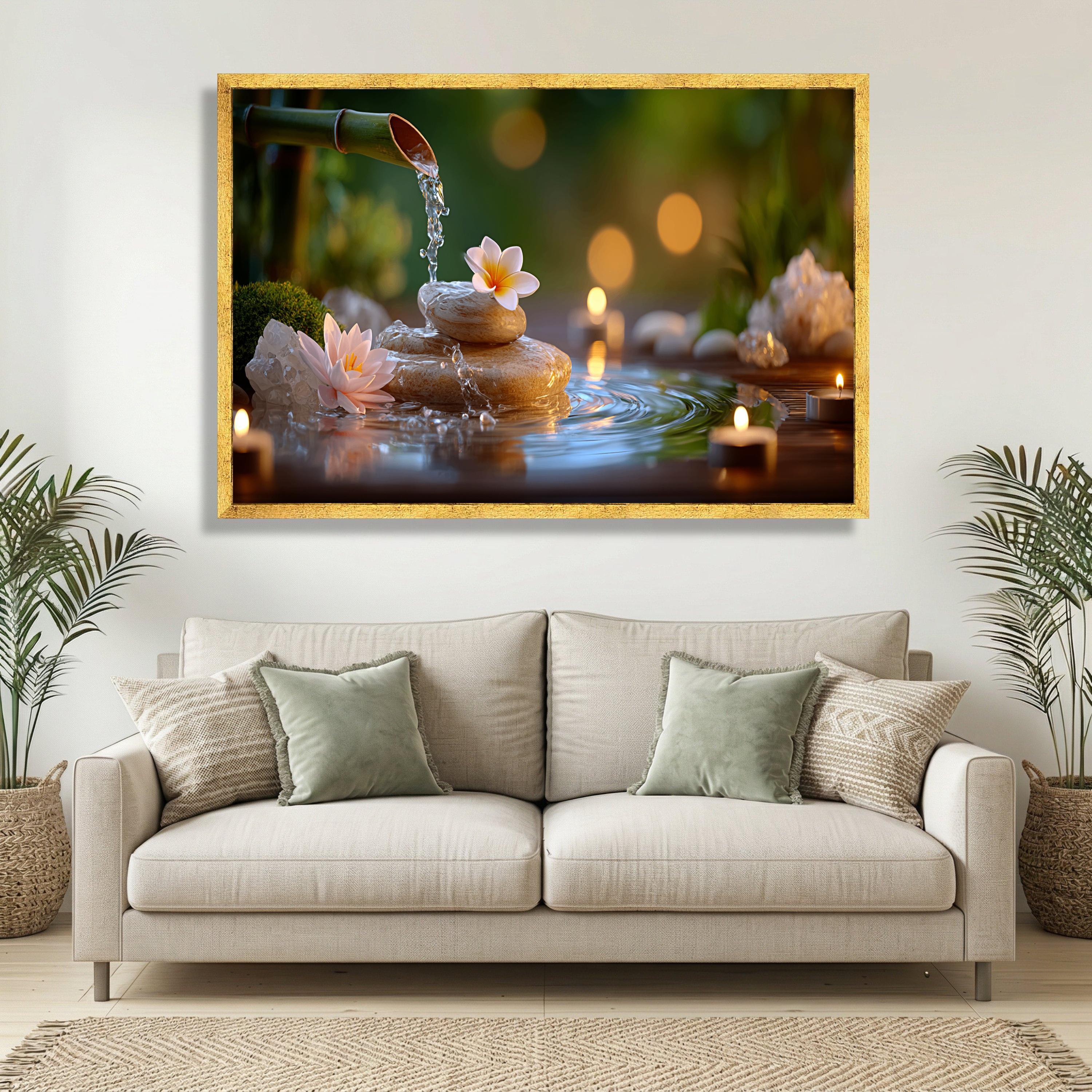 Zen Spa Stones With Waterfall, Floral Bamboo Fountain Canvas, Tranquil ...