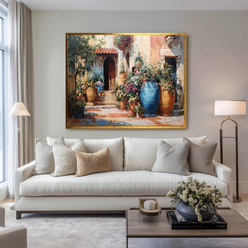 Mediterranean Courtyard Canvas Wall Art With Colorful Flowers and Large ...