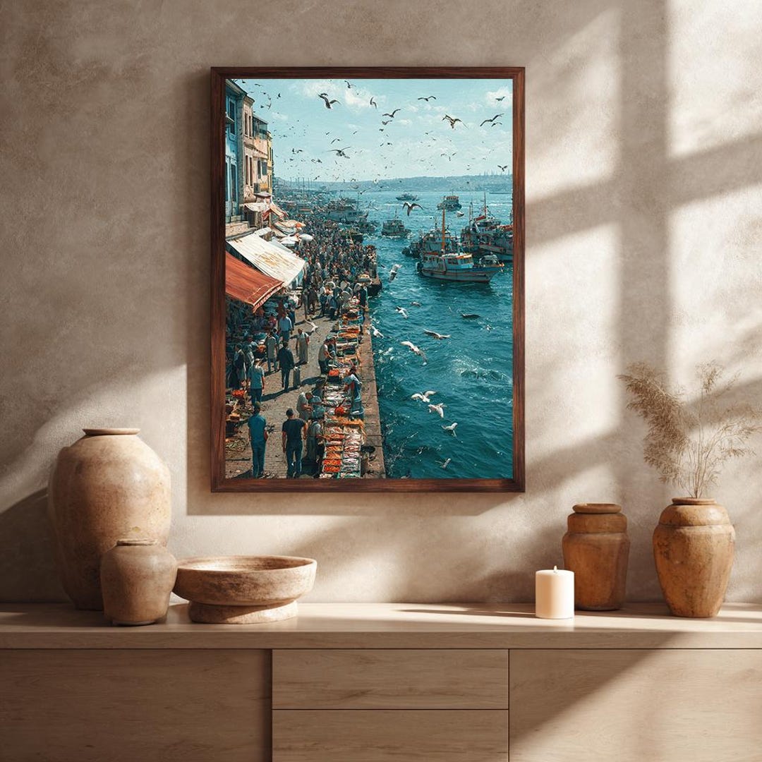 Istanbul Fish Market Canvas Wall Art - Vibrant Seaside Bazaar Scene ...