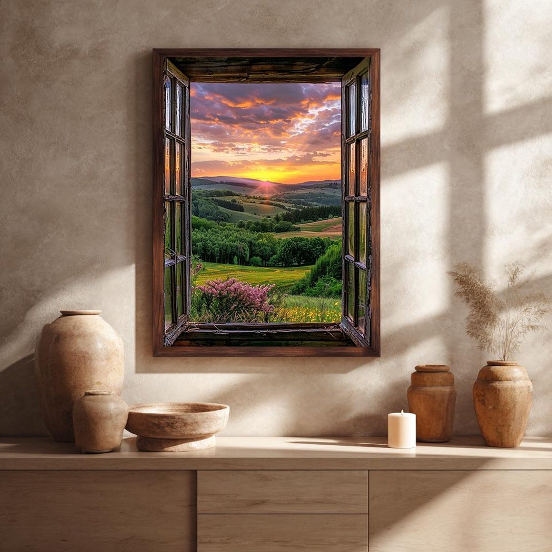 Rustic Open Window Sunset Landscape Canvas Wall Art With Rolling Hills ...