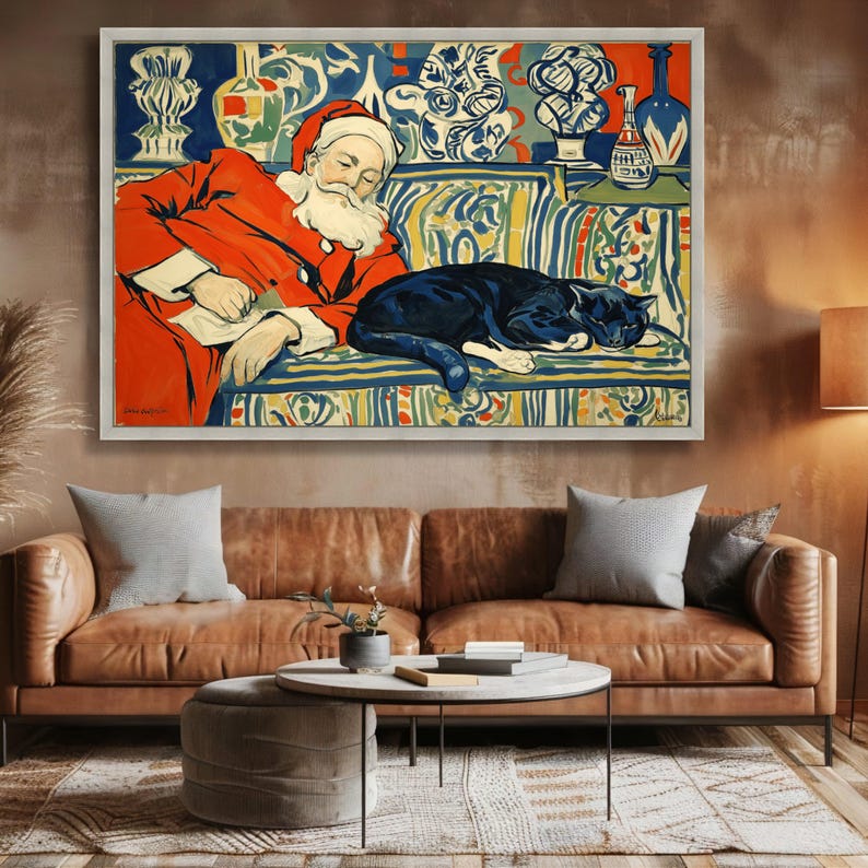 Tela com Papai Noel relaxando em um sofá estampado, arte de parede ...
