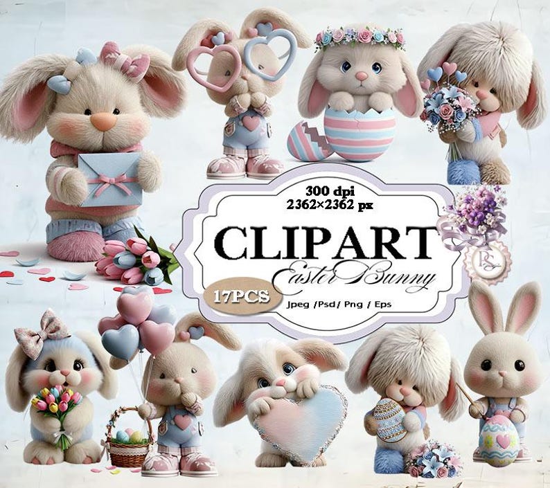 Easter Bunny Clipart Bundle – Cute Fluffy Rabbit PNG, Watercolor Pastel ...