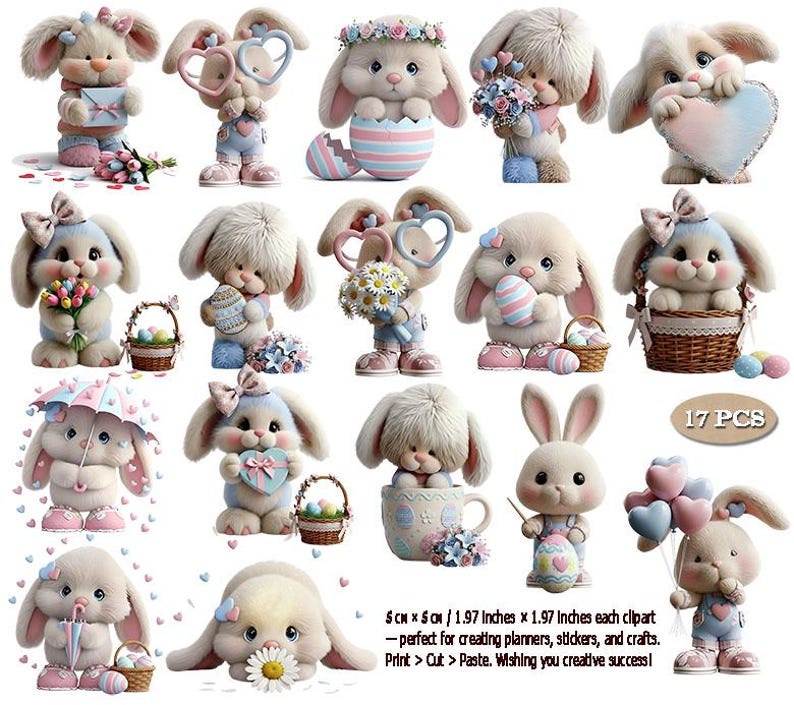 Easter Bunny Clipart Bundle – Cute Fluffy Rabbit PNG, Watercolor Pastel ...