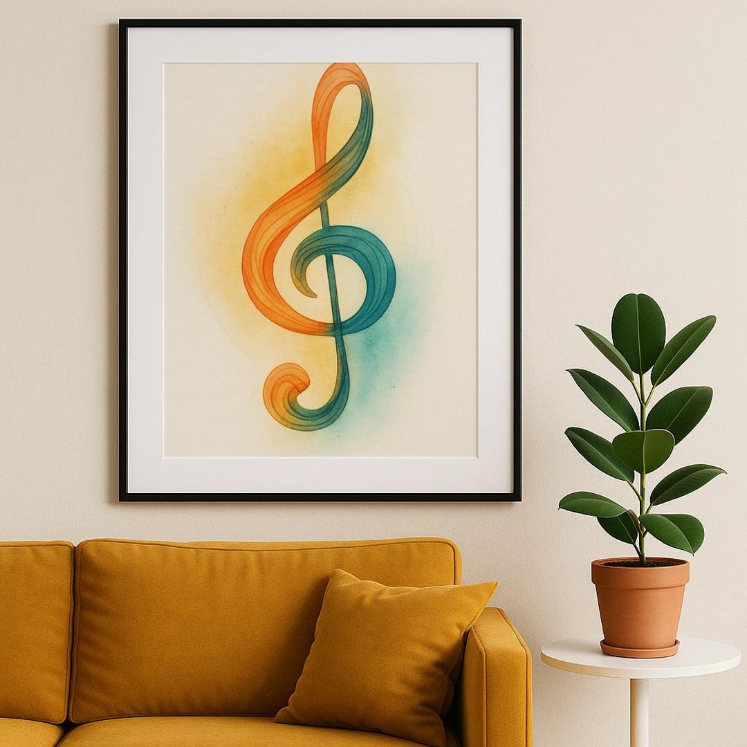 Watercolor Treble Clef Print, Teal and Amber Music Art, Abstract ...