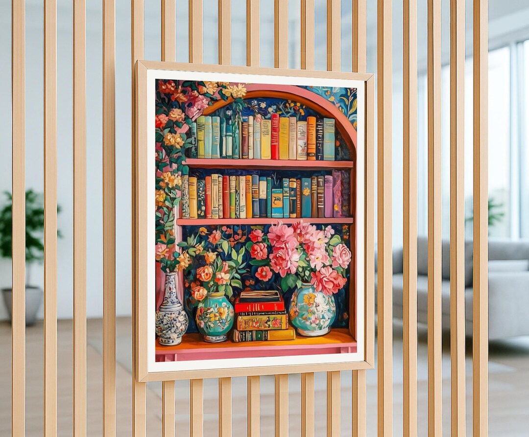Floral Bookshelf Print: Vintage Books and Flowers Vertical Wall Art ...
