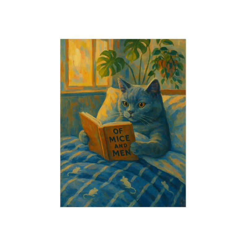 British Blue Cat Reading Art Print, Cozy Home Decor - Etsy UK