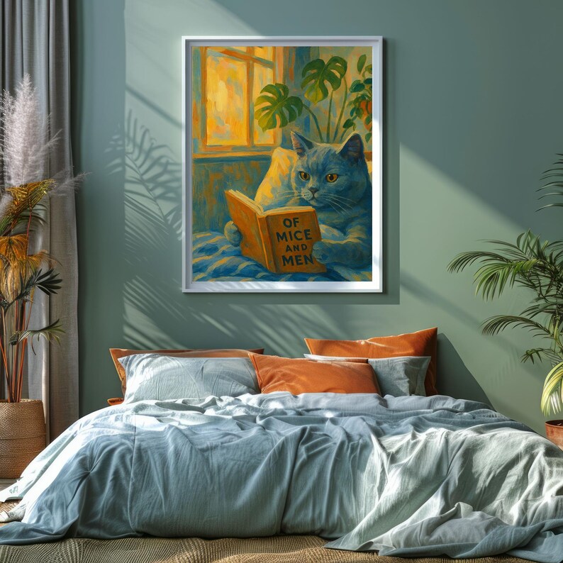British Blue Cat Reading Art Print, Cozy Home Decor - Etsy UK