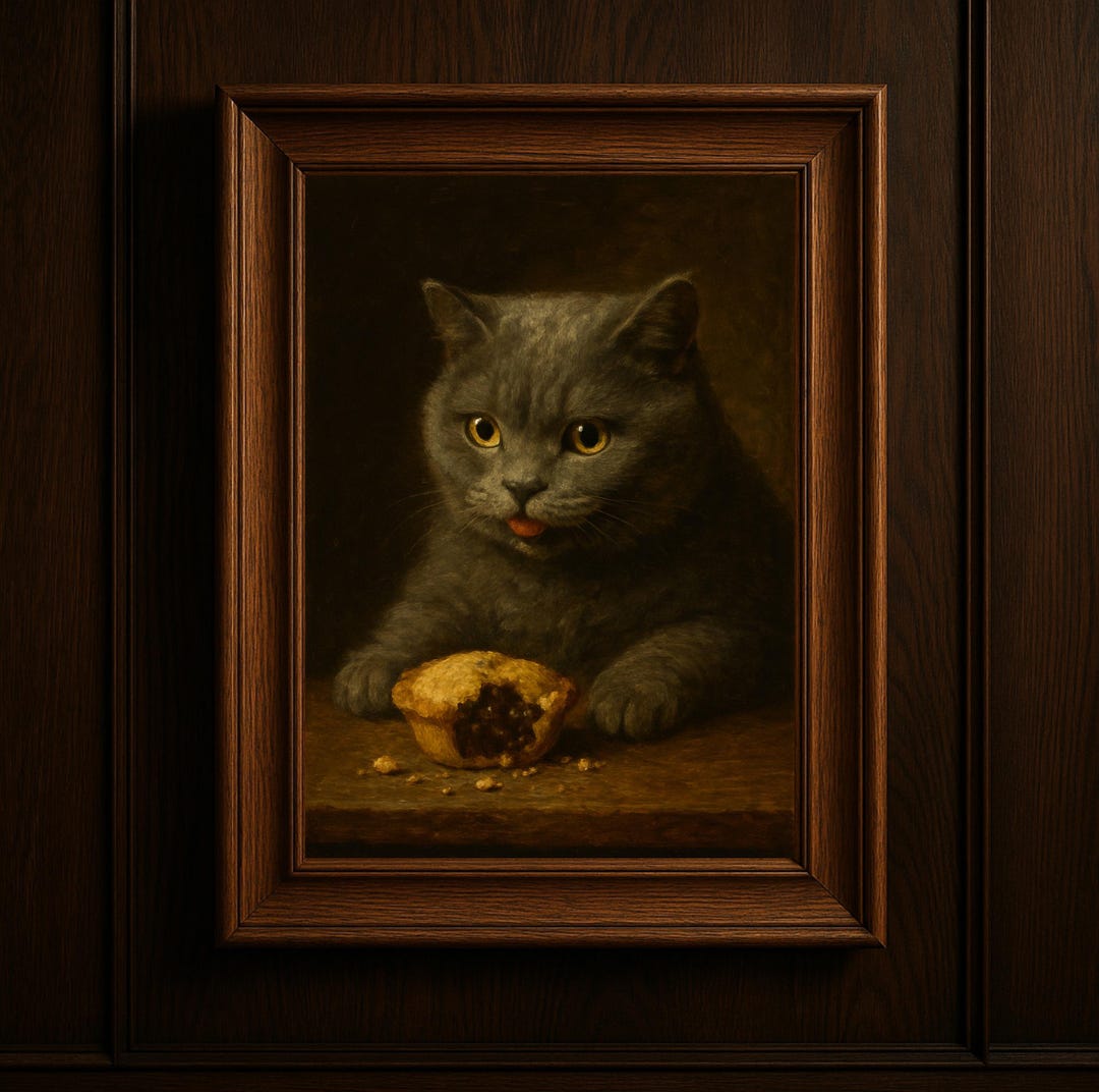 British Blue Cat Eating Mince Pie Art Print. Rembrandt Style Poster ...