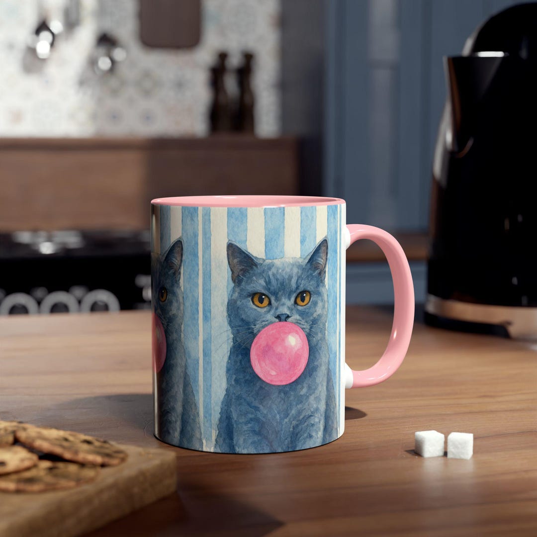 British Blue Cat Coffee Mug: Bubble Gum Design, Two-tone Ceramic 11oz ...