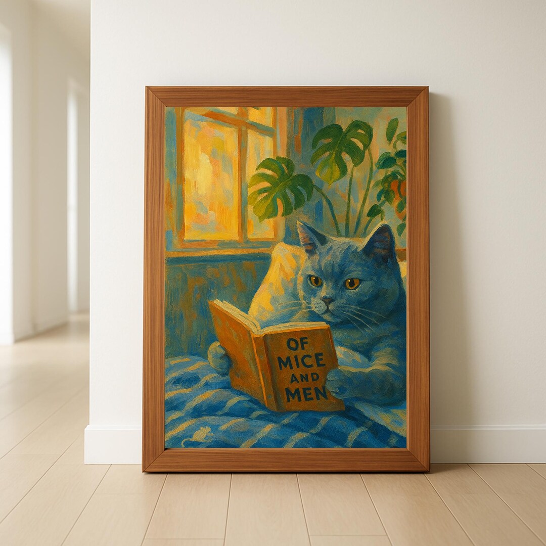 British Blue Cat Reading Art Print, Cozy Home Decor - Etsy UK