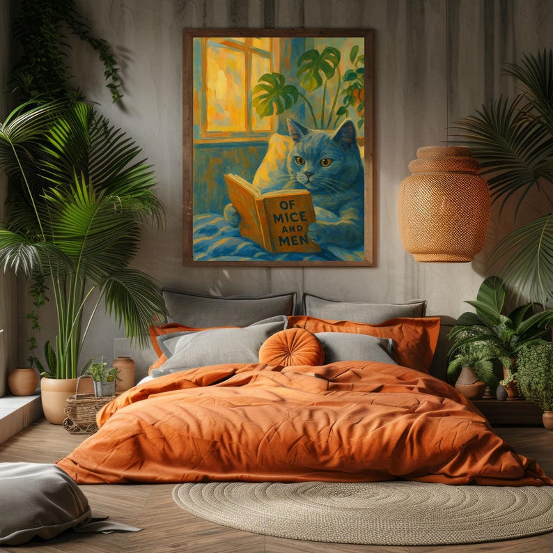 British Blue Cat Reading Art Print, Cozy Home Decor - Etsy UK