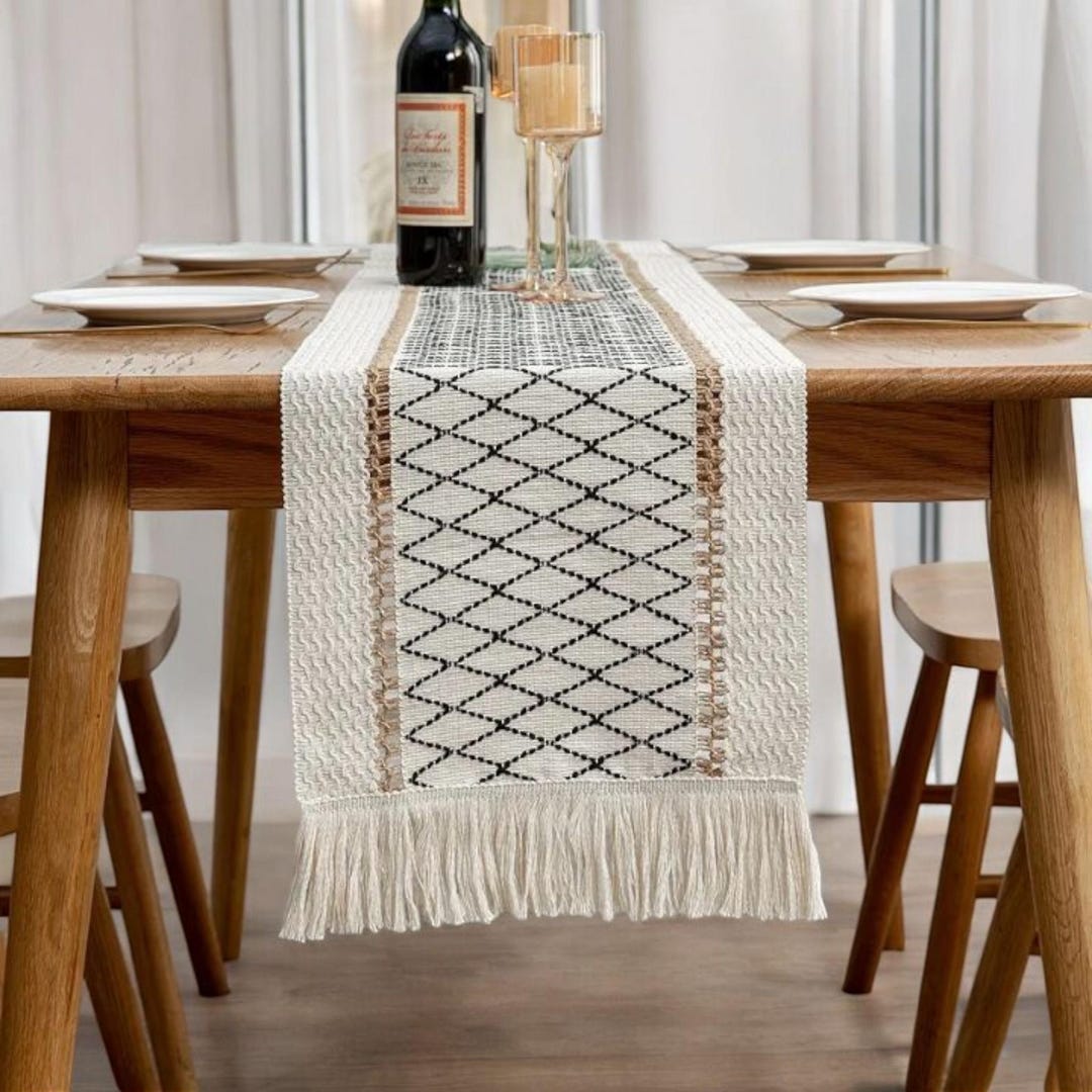 Black and Beige Boho Table Runner With Tassels – 12x72 Cotton Linen ...