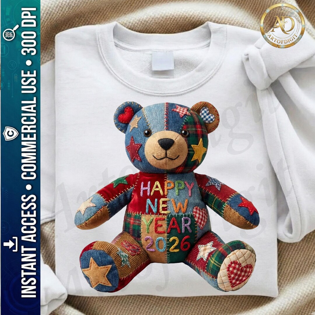 Cute Bear PNG, Happy New Year 2026 PNG, Patchwork Style, Streetwear ...