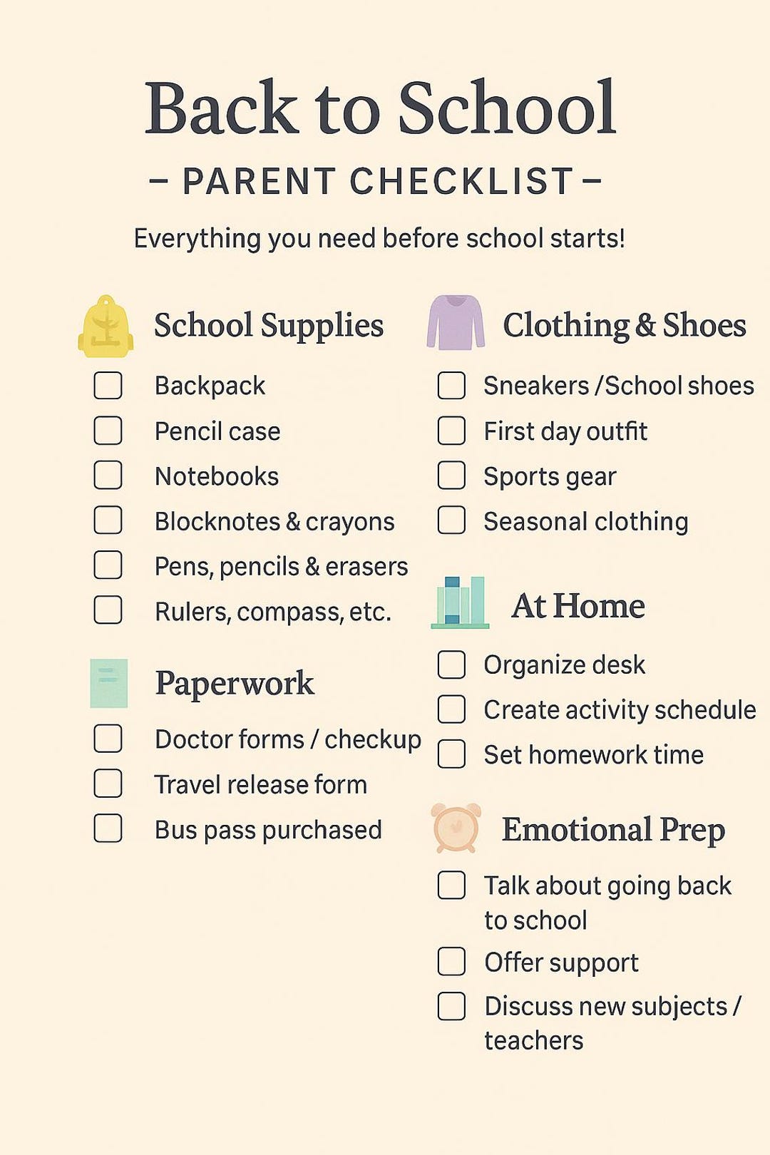 Back to School Parent Checklist – Printable School Prep List, Pastel ...