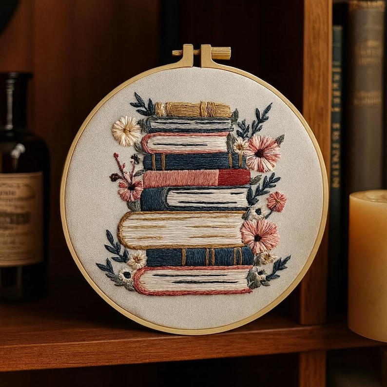 DIY Embroidery Kit for Beginners With Book Stack and Flowers – Modern ...