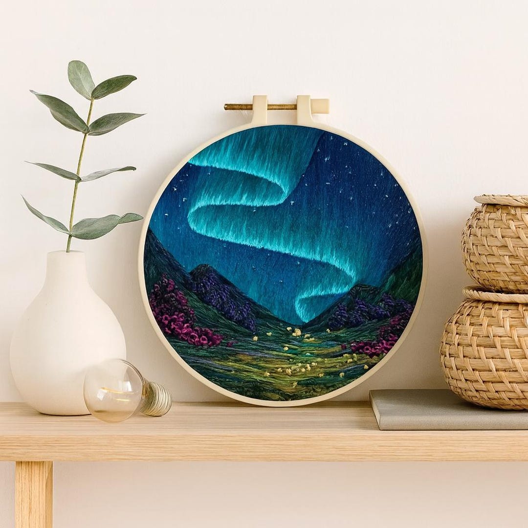 Northern Lights Embroidery Kit, Landscape Hand Embroidery Pattern ...