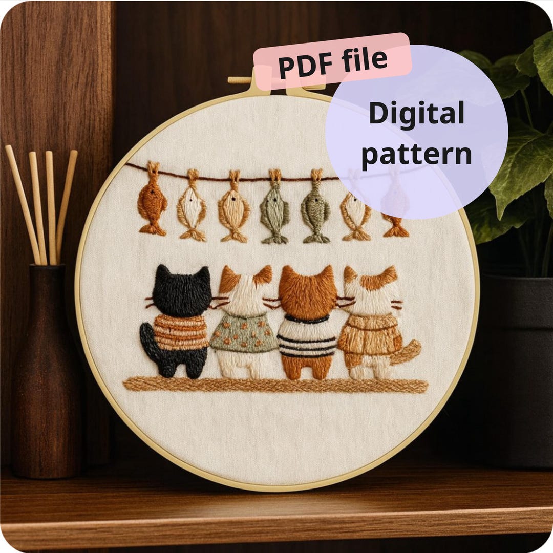 PDF Cat Embroidery Pattern for Beginners, Cute Cats and Fish Hoop Art ...