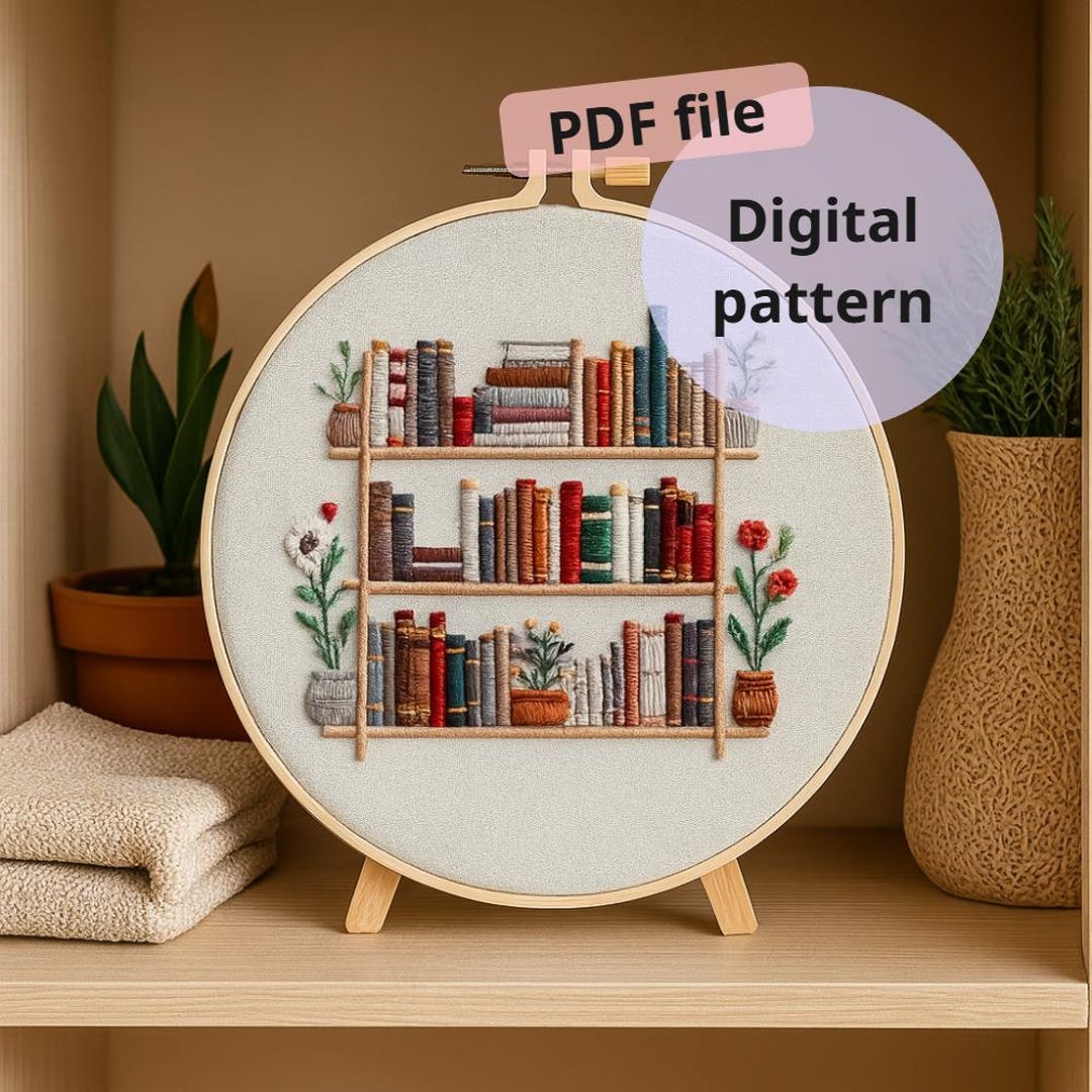 Bookshelf Embroidery Pattern PDF, Cozy Library Hand Embroidery Design ...